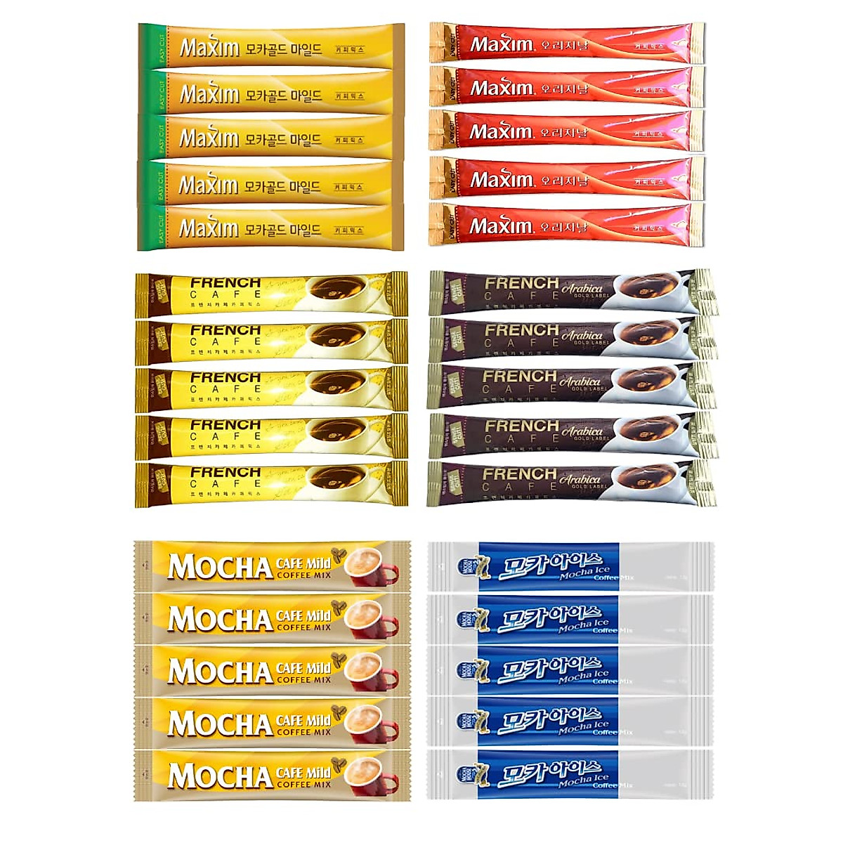 Instant Coffee Mix Packets Single Serve - Korean Variety Coffee Sampler 30 Sticks of 6 Different Flavors, Maxim Mocha, White Mocha, Original Maxim French Café (Variety 30 Pack)