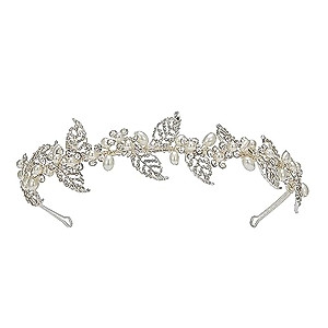 SWEETV Pearl Bridal Headband Silver Tiara for Bride Headpiece Crystal Leaf Wedding Hair Accessories Jewelry Tiaras for Women