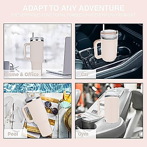 40oz Insulated Tumbler with Handle and Straw, Improved Leakproof Multifunctional Lid with Spill Stopper, Travel Mug for Hot & Cold Beverages with Cup Boot, Straw Cover & Straw Brush (Rose Blush)