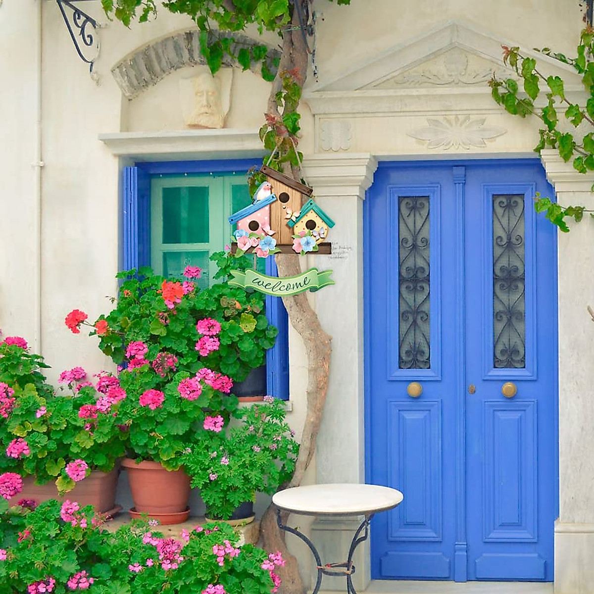 TOARTi Colorful Welcome Spring Front Door Sign Hanging(13.6"x11.8"), Blooming Flowers Butterfly Birdhouse Wall Sign Plaque, Wooden Garden Fence Hanger for Home Porch Farmhouse Cafe