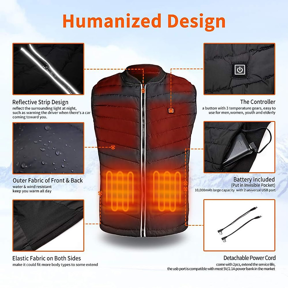 Srivb Heated Vest, USB Charging Heating Vest for Men Women Washable Body Warmer with Battery Pack for Outdoor Camping