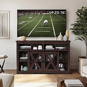Xilingol Farmhouse Style TV Stand for 65+ Inch TVs, Tall Entertainment Center with Barn Door, Television Cabinets & Storage Shelves, 65 Inch TV Stands for Living Room, Grey
