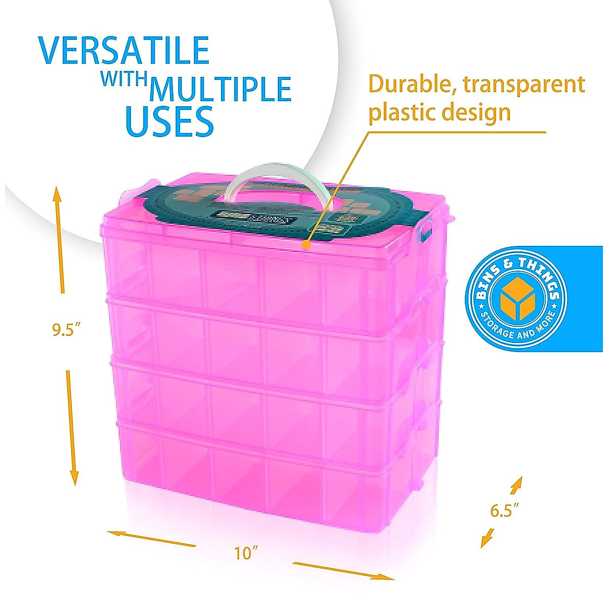 Bins & Things Bead Organizer with Adjustable Compartments - Durable Toy Organizers and Storage Solution for Dolls, Crafts, Mini Toy Figures, Jewelry and Beads - 4 Tier, 20 Compartments, Pink