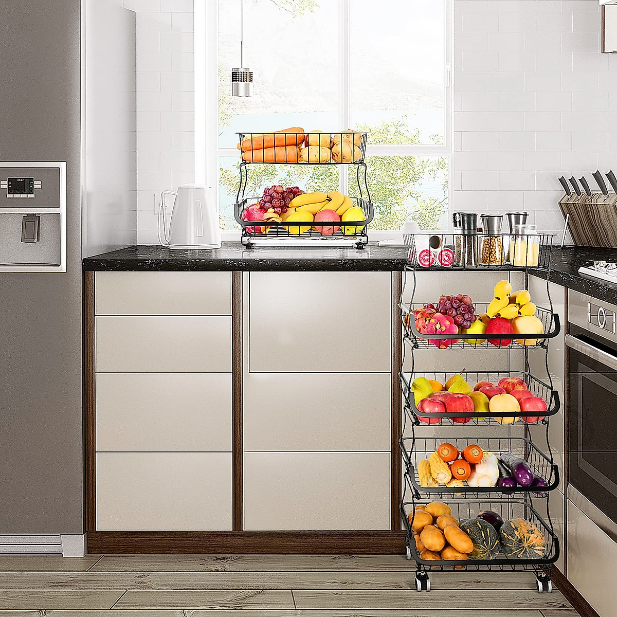 Fruit Vegetable Storage Basket, 5 Tier Stackable Metal Wire Storage Baskets with Wheels, Fruit Vegetable Produce Basket Organizer Bins for Kitchen, Pantry, Bathroom