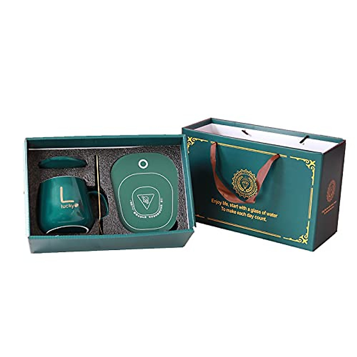 Lucky Smart Coffee Mug Warmer with (Ceramic) Cup (USB Cable) & Cup Warmer Set for Desk with Gravity Sensing Auto Shut Off Heating Plate for Home Office Milk Tea Christmas/St. Patrick's Day Gift