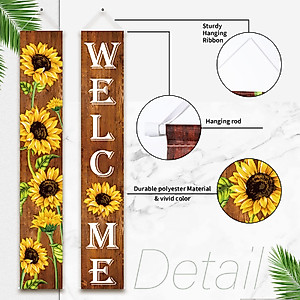 Sunflower Welcome Hanging Banners spring Porch Banners Flags summer Door Banners Thanksgiving Hanging Banner for Front Door Garden Home Yard Sunflower Party Decorations(Wood Background)