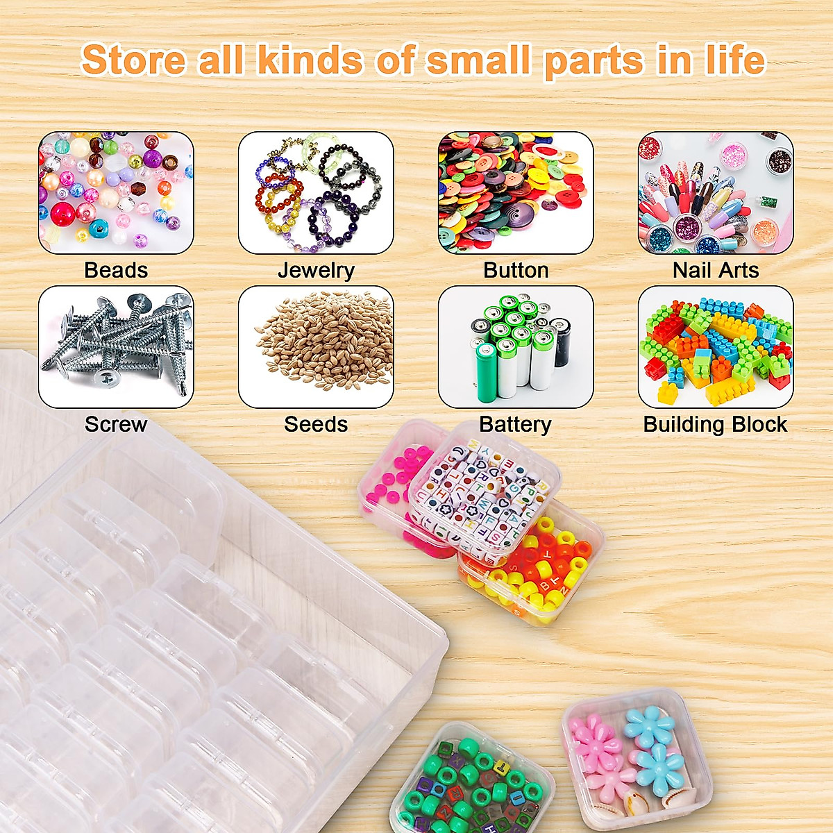 MAOTTIE Small Bead Organizers and Storage with Ractangle Hinged Lid, 31 Pcs Bead Organizer Box Plastic Mini Clear Bead Storage Containers Case for Jewelry Craft Diy Nail Diamond Bracelet Making