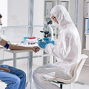 AMZ Medical Supply Disposable Coveralls for Men & Women Large. 5 Pack of 60 GSM Microporous White Hazmat Suits Disposable. Disposable Hazmat Suit with Hood, Boots, Elastic Wrist, Lower Back, Zipper