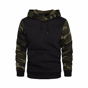 AOTORR Men's Pullover Camouflage Fleece Hoodies Long Sleeve Contrast Color Military Sweatshirt with Pocket Black XXL