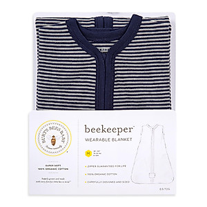 Burt's Bees Baby Baby Beekeeper Wearable Blanket, 100% Organic Cotton, Swaddle Transition Sleeping Bag, Midnight Stripe, Medium
