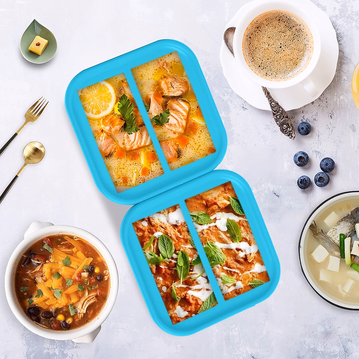 NAKTOW 2-Cup Silicone Freezer Tray with Lid - 2 Pack - Make 4 Perfect 2-Cup Portions - Easy Release Molds for Food Storage & Freeze Soup, Broth, Stew or Sauce Color Aqua (Aqua)