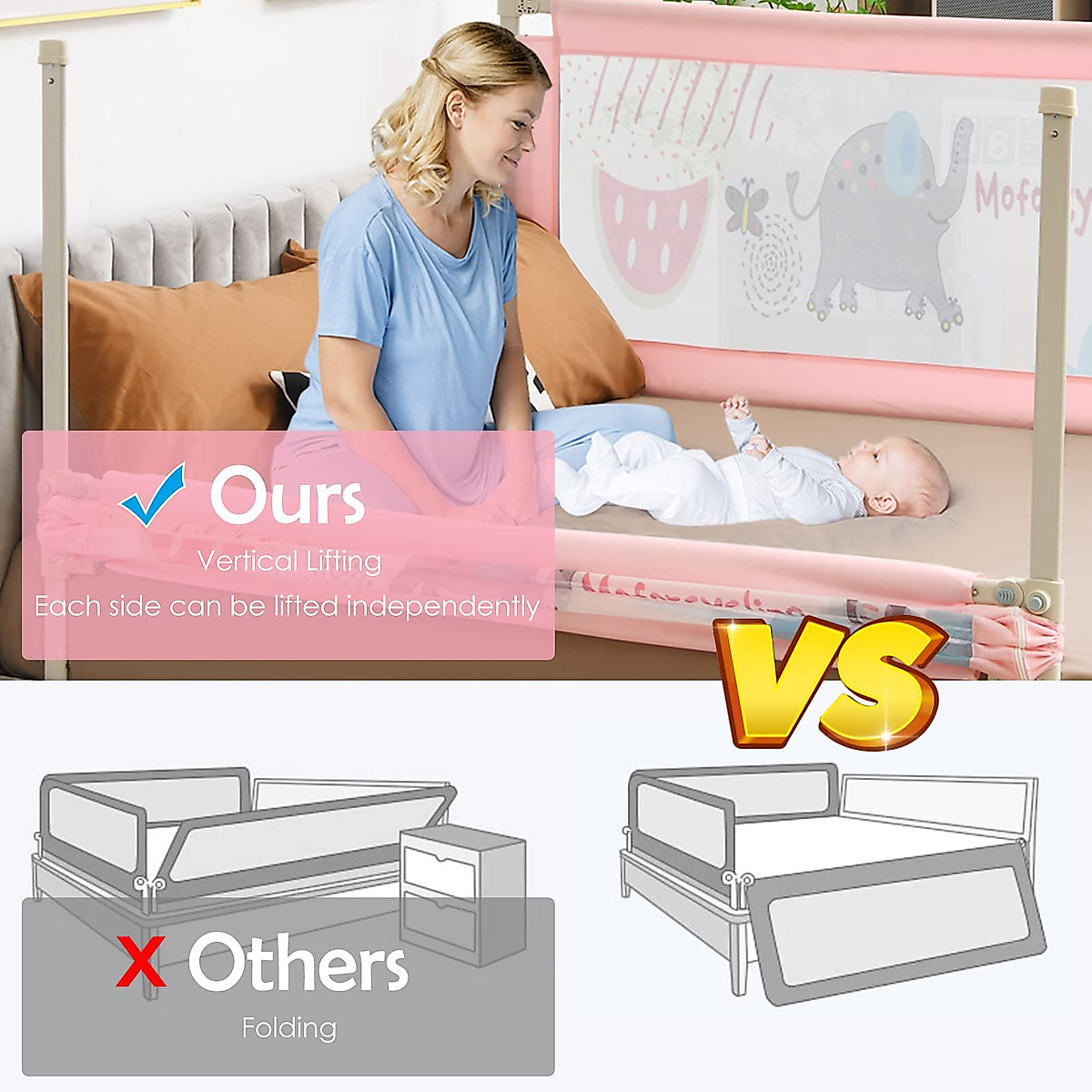 BABY JOY Bed Rail for Toddlers, 57’’ Extra Long, Height Adjustable & Foldable Baby Bed Rail Guard w/Breathable Mesh & Double Safety Child Lock for Kids Twin Double Full Size Queen King Mattress, Pink
