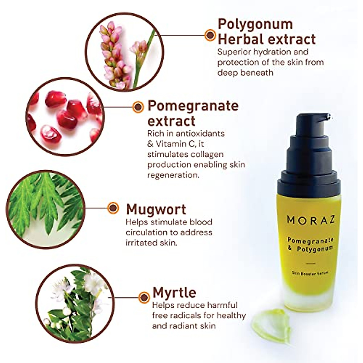 Moraz Herbal Anti Aging Triple Facial Serum with Pomegranate, Polygonum, Myrtle and Wormwood Extracts, Reduces Wrinkles, Heals and Repairs Skin and Neck,1.1 FL.OZ