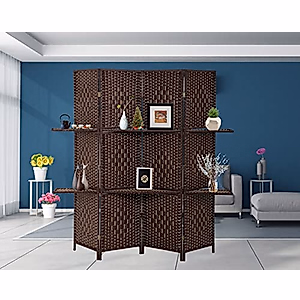 4 Panel Room Dividers and Folding Privacy Screens, 71 Inch High Hand-Woven Design Room Divider Folding Wall Dividers with Shelves, Portable Partition Screen for Room,Freestanding Room Separator, Brown