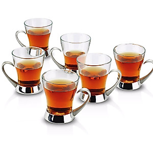Rigeli Stainless Steel Set of 6 Tea Cups Glass Tea Cups With Stainless Steel Handle, 6.7 (oz), 200 (ml) Clear Coffee Mugs, Tea Glasses tea and coffee