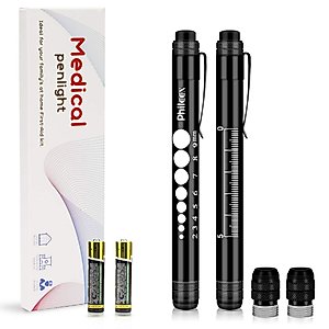 Pen Light, Phileex Medical Pen Light Nurse Pen Lights with Pupil Gauge for Nurses Nursing Students Doctors 2pcs Black with Batteries