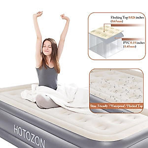 HOTOZON Twin Air Mattress with Built-in Pump, 18" Foldable Air Bed with Carry Bag, Luxury Elevated Inflatable Air Mattresses, Blow Up Airbed for Home, Camping & Guests, Grey