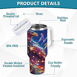 Slewiaeky Tumbler with Handle 40 oz Adorable Hawk Animal America Travel Mug with Lid and Straw Stainless Steel Vacuum Insulated Water Bottle Cup for Iced Tea Coffee Cold Beverages Cup Holder Friendly