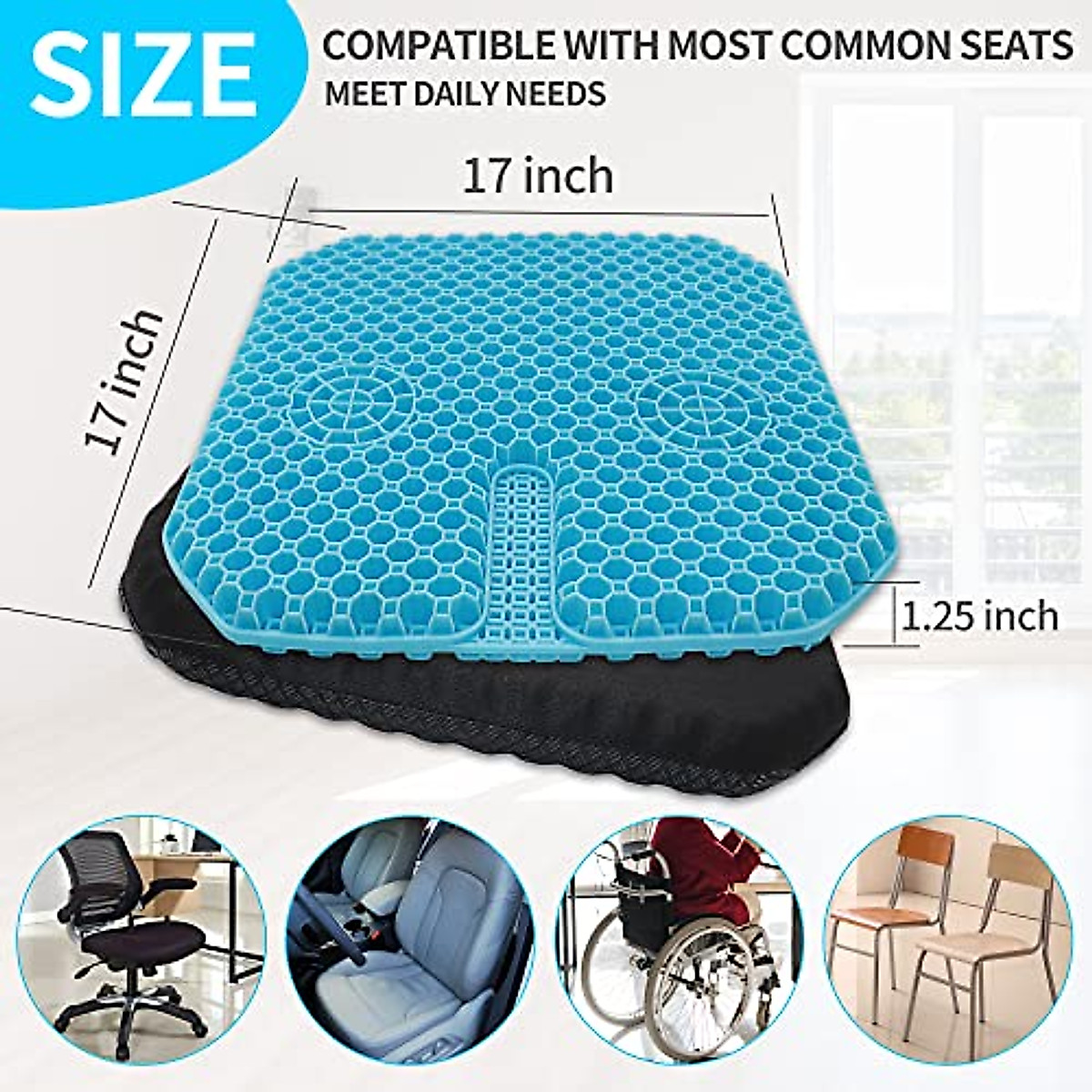 KR Large Gel Seat Cushion, Cooling seat Cushion, Absorbs Pressure Points, Blue Seat Cushion, Wheelchair Cushions, Gel Cushion for Office Chair Home Car seat Cushion, with 1 Non-Slip Cover