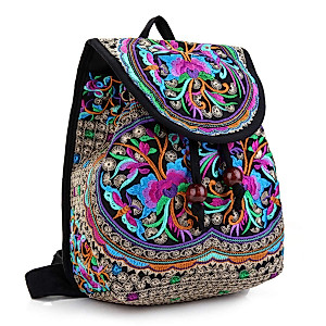 Jursccu Embroidery Backpack Purse for Women Vintage Handbag Small Drawstring Casual Travel Shoulder Bag Daypack