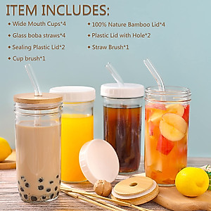 RENYIH 4 Pack 24oz Glass Cups with Bamboo Lids & Glass Boba Straws & 2 Airtight Lids - Reusable Glass Boba Cup, Iced Coffee Glasses,Travel Glass Tumbler for Milkshakes,Juice