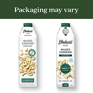 Elmhurst 1925 Cashew Milk, Unsweetened Cashew Milk, Shelf Stable Cashew Milk, Vegan, Kosher, Nondairy, Sugar Free, Non GMO, Plant Based Alternative Milk, Made With Water And Cashews, Simpler Better, 32 Ounce (Pack of 6)