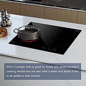 KPUY Electric Cooktop 24 Inch - 4 Burner Electric Cooktop & Electric Ceramic Cooktop, Electric Stove Top Sensor Touch with 9 Heating Level&Timer, 6000W, 220-240V for Hard Wire(No Plug)