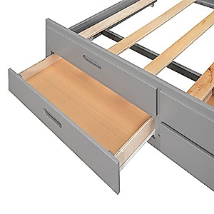 BOVZA Queen Size Canopy Platform Bed with Twin Trundle and 3 Storage Drawers, Wood Daybed Frames for Kids Teens Boys Girls,Gray