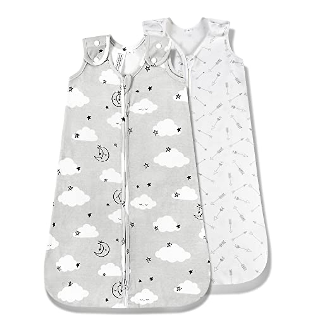TILLYOU Cotton Sleep Sack 2 Pack - TOG 1 Baby Wearable Blanket with 2-Way Zipper, Extra Soft Sleeveless Sleeping Bag for Infants, 6-12 Months, Grey Cloud & Gray Arrow