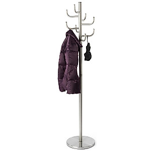 Displays2go Coat Racks with 8 Hooks, Weighted Base, Metal (Stainless Steel) – Brushed Silver Finish (CTHNGCRSV)