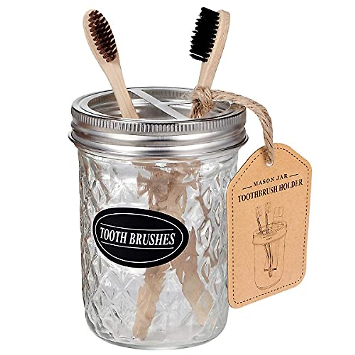 4 Pcs & 4 Pcs Brushed Nickel Mason Jar Bathroom Accessories Set- Lotion Soap Dispenser*2, Regular mouth Qtip Holder Set*2,Wide Mouth Cotton Swab Holder*2,Toothbrush Holder*2,Rustic Farmhouse Decor