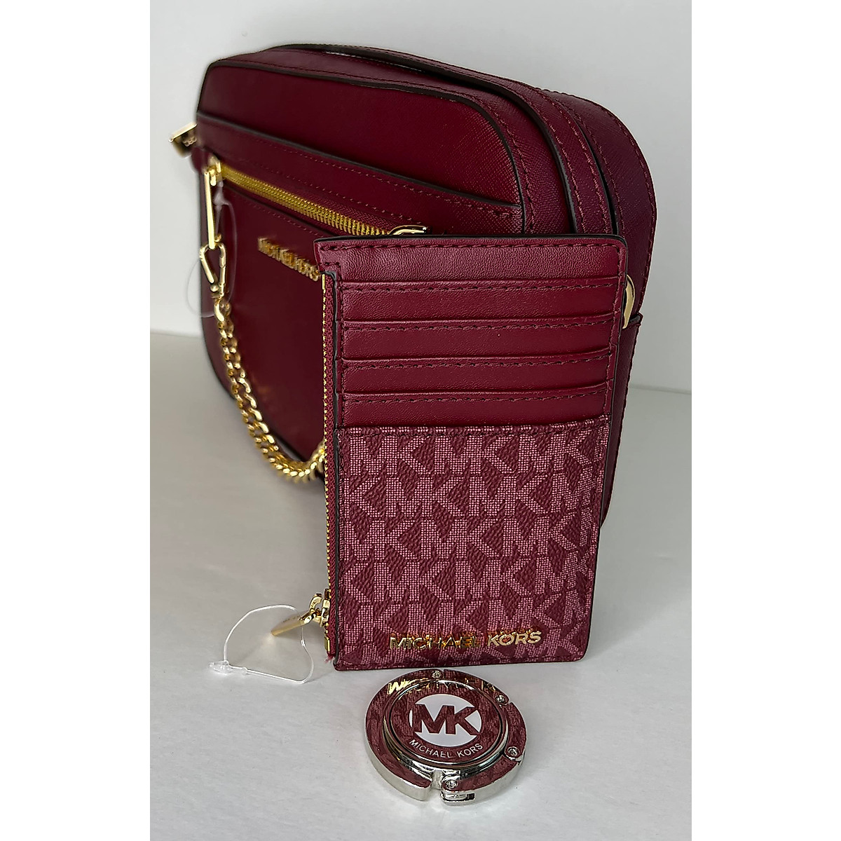 Michael Kors Jet Set Large Chain Crossbody Bag bundled with with SM TZ Coinpouch Wallet Purse Hook (Mulberry/Signature MK Mulberry