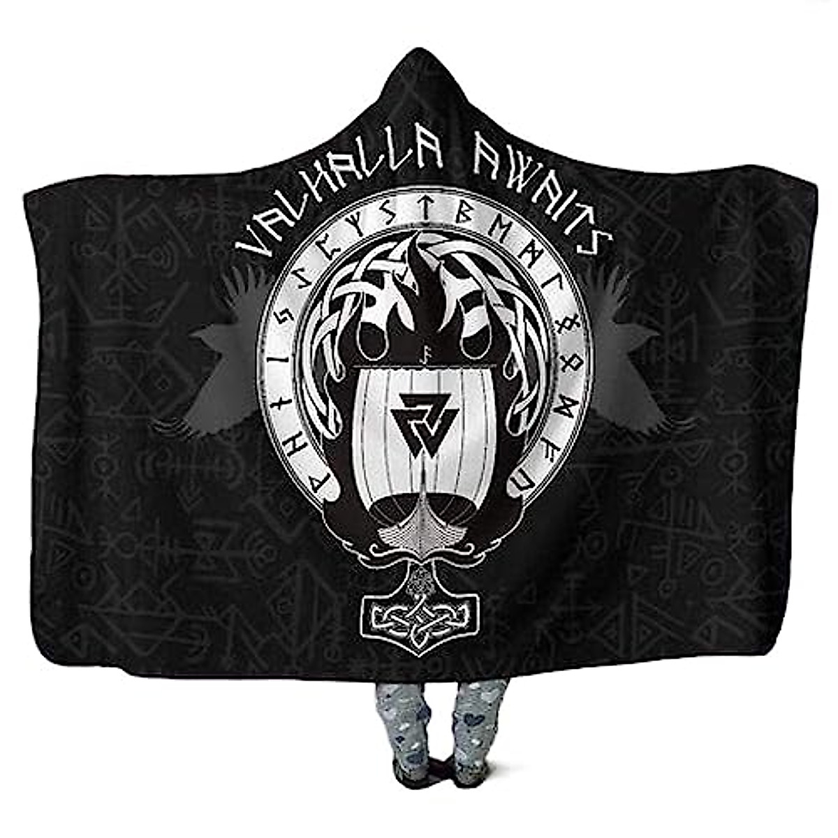 BURNAR Medieval 3D Printing Hooded Blanket Warm Anchor Viking Dragon Raven Rune Vegvisir Unisex Winter Wearable Hooded Blanket Double Thick Plush Fleece Blanket (Color : A, Size : 80x60in/150x200cm)
