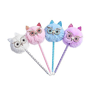 Abhay 4 Pack Owl gift Pen Novelty Pens Colorful Fluffy Ball Pen Pom Pom Pen for Easter and Party Supplies