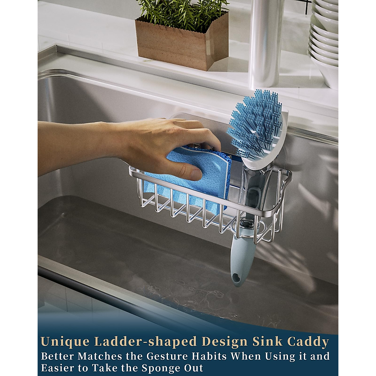 Consumest Sponge Holder for Kitchen Sink with Adhesive Hook & Suction Cups, Rustproof Stainless Steel Sink Caddy, Kitchen Sink Organizer for Sponge, Brush, Sink Stopper - Silver
