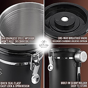 Zulay 21oz Coffee Canister For Ground Coffee - Stainless Steel Coffee Canisters With Scoop Holder & Date Tracker - Airtight Coffee Container & Coffee Storage For Coffee Jar, Tea, Sugar, Flour (Black)