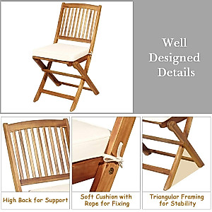 Tangkula 3 PCS Patio Folding Bistro Set, Outdoor Acacia Wood Chair and Table Set w/Padded Cushion& Round Coffee Table, Ideal for Indoor Patio Poolside Garden (Cream)