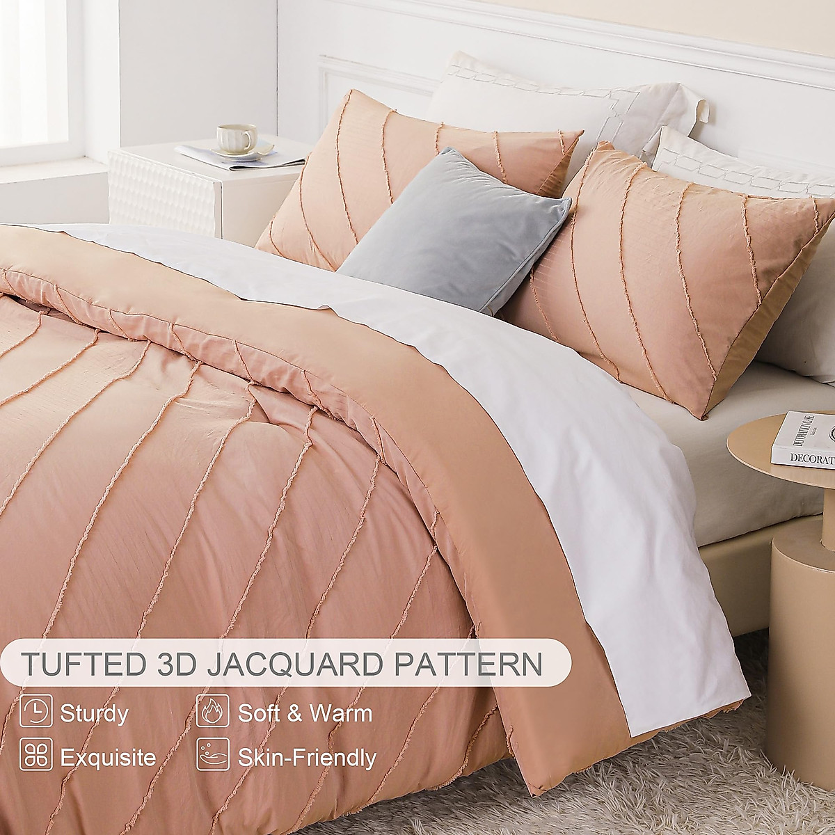 Whale Flotilla Boho Tufted Queen Comforter Set, Soft Lightweight Pink Comforter Queen Size with 2 Pillow Shams, Reversible Fluffy Shabby Chic Bedding Sets for All Seasons, 90 x90 inch