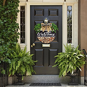 Autumn Decorations Leopard Wreath with Bow Indoor Outdoor - Halloween Leopard Welcome Sign Decorative for Front Door Wall Home Garden Decor