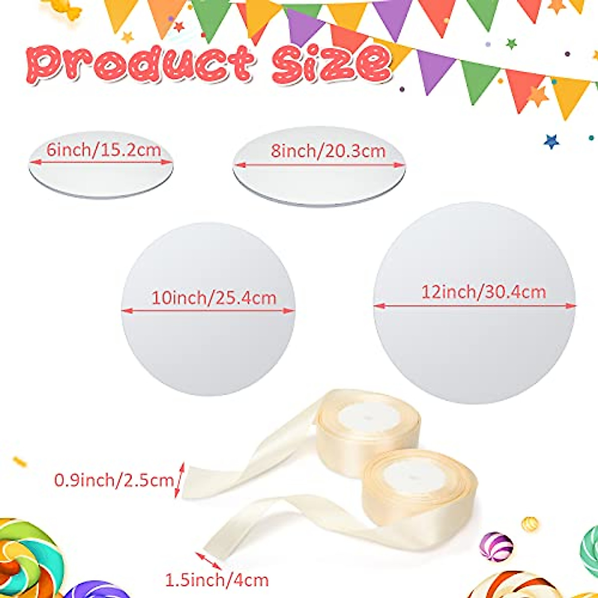 8 Pieces Cake Drums Round Sturdy White Cake Drum with 2 Pieces Satin Cake Ribbon for Heavy or Multi-Tiered Cakes (6, 8, 10, 12 Inch)