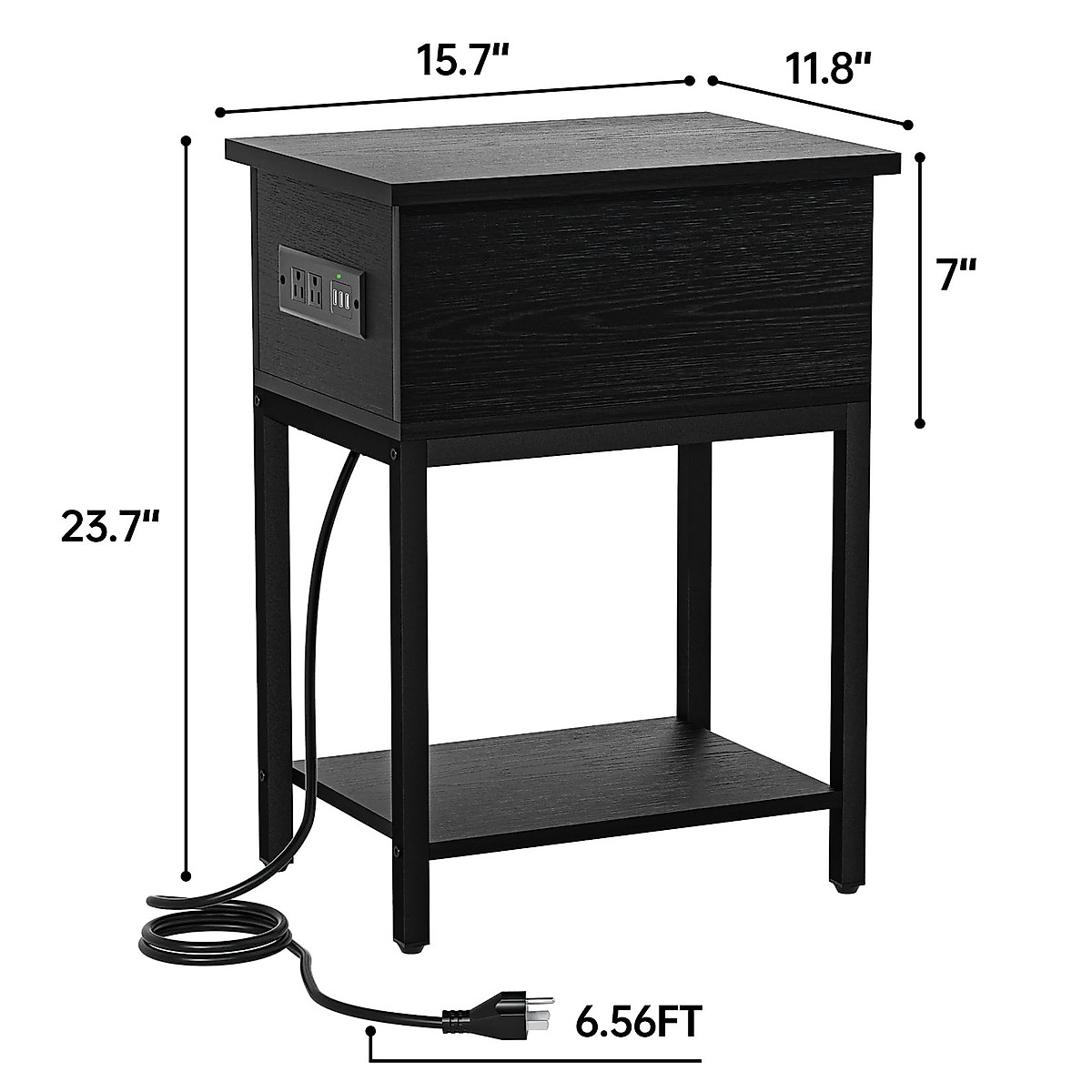 SZLHANJZ Narrow Nightstand, Small End Table with Charging Station, Bedside Table with Storage and Shelf for Small Spaces, 2 Tier Side Table for Living Room Bedroom, Black