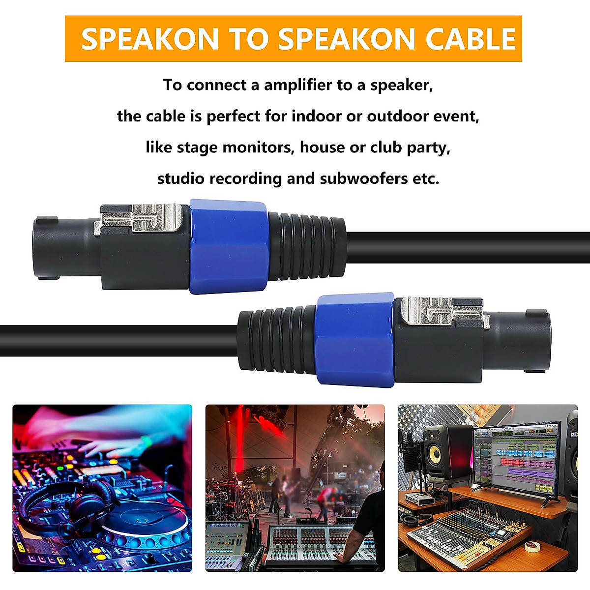 HBU 1 Pack 50 Feet Speakon to Speakon Cable - 50FT Studio Stage NL4FC Type Speak-On Male to Male Connection Wire - Live House PA DJ Loudspeaker Amplifier Audio Locking Extension Wiring 16 AWG