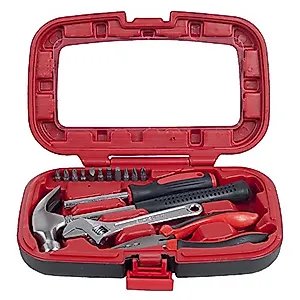 Home Improvement Tool Kit - 15-Piece Household Hand Tools Essentials Set in Durable Plastic Carrying Case for Home, Office, and Car by Stalwart (Red)