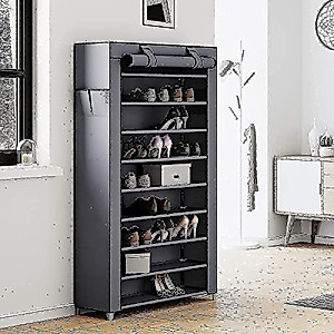 SONGMICS Portable Clothes Closet Bundle with 10-Tier Shoe Rack, Non-Woven Fabric Wardrobes with Dustproof Cover, Closet Storage Organizers, Gray, URYG12GY and URXJ36G