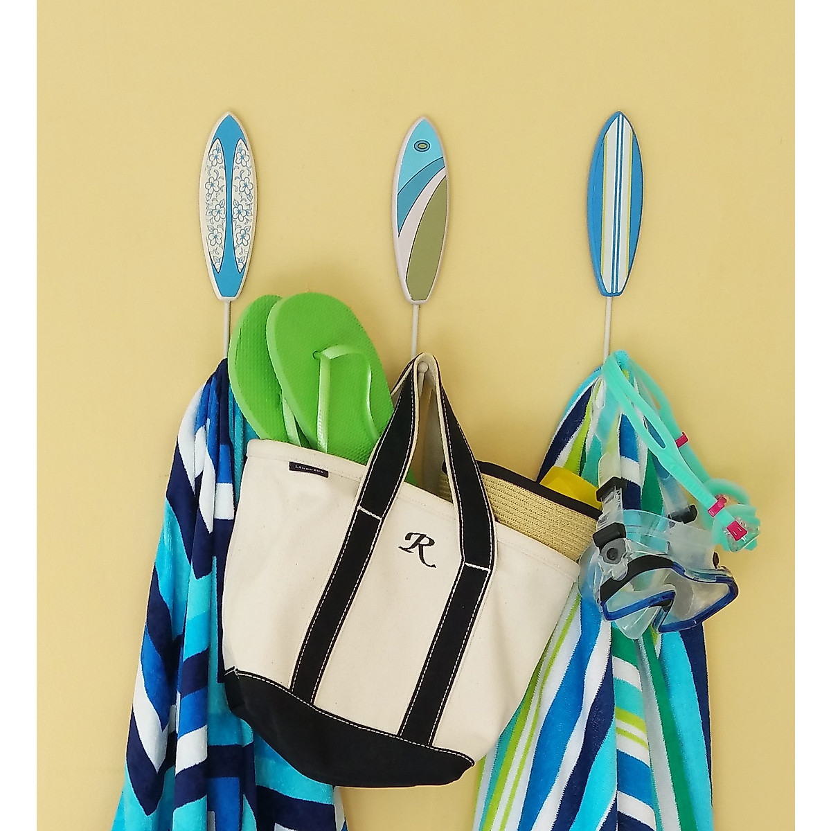Tumbler Home Tropical Surfboard Wall Hooks – Set of 3 – Blue/Green/White Theme – 9” Tall