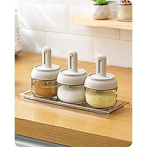 Baffect Spice Containers, Set of 3 Coffee Bar Sugar Jars with Adjustable Spoons, Glass Salt Bottles with a Tray for Kitchen Seasonings (Apricot White)
