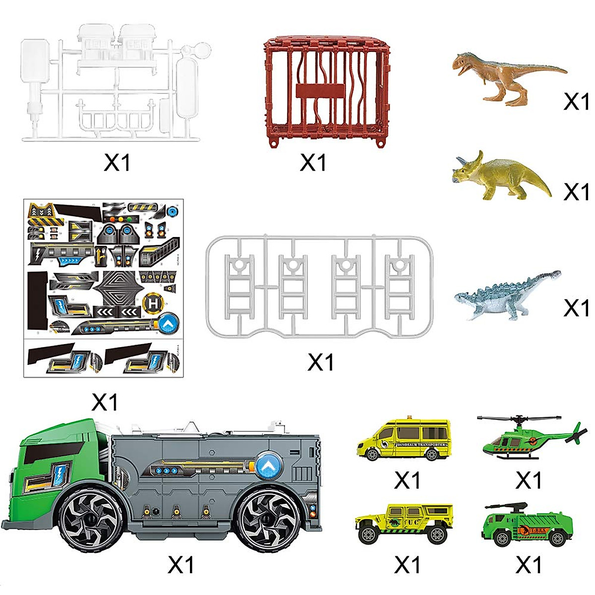 Siairo Dinosaur Toys, Dinosaur Truck Carrier, Dinosaur Transport Truck Car Toy for Kids 3 4 5 Year Old, with 3 Cars, 3 Dinosaurs, Manipulator, Helicopter, Cage, Gift for Boys Kids Toddlers