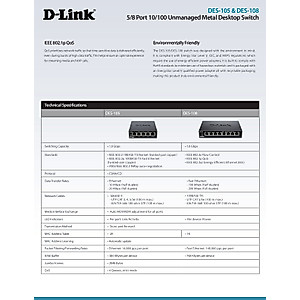 D-Link Fast Ethernet Switch, 8 Port Unmanaged Metal Fanless Desktop Network Internet (DES-108), Black