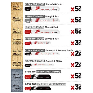 EZARC Jigsaw Blades Set 30pcs with Storage Case, Assorted T-Shank Replacement Jig Saw Blades for Cutting Wood, Plastic and Metal