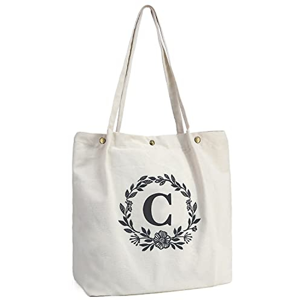 BeeGreen Flora Wreath Book Tote Bag w Inner Zipper Pocket Large Shopping Bag Magnetic Snap Closure for Wedding Birthday Beach Personalized Gift Women Teachers Friends Letter C